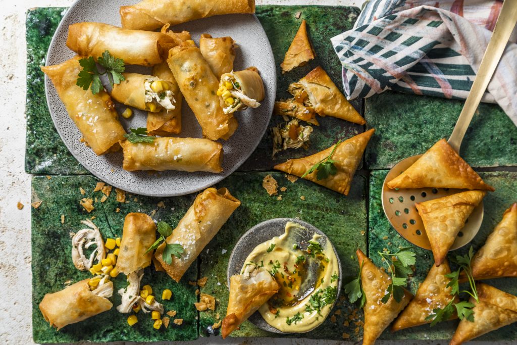 Chicken spring rolls and samoosas - Astral Chicken
