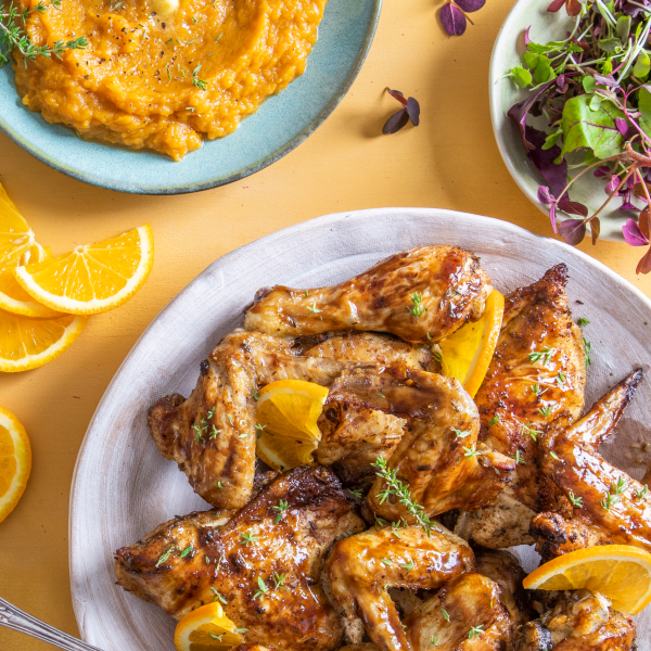Cinnamon and ginger spiced chicken pieces with sweet potato mash ...
