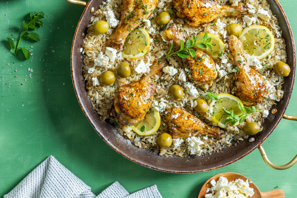 One-tray Greek chicken with rice and olives - Astral Chicken