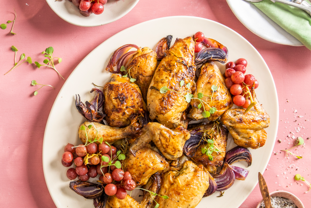 Rosemary roasted chicken with red onions & grapes - Astral Chicken