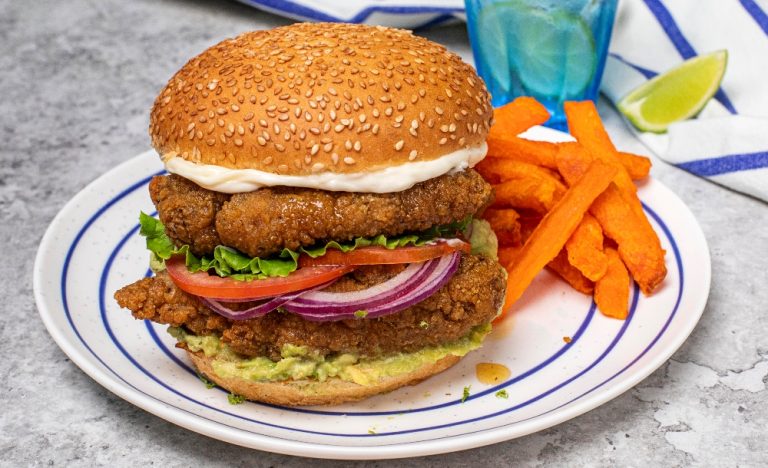 Lime and honey chicken strip burger, with sweet potato fries - Astral ...